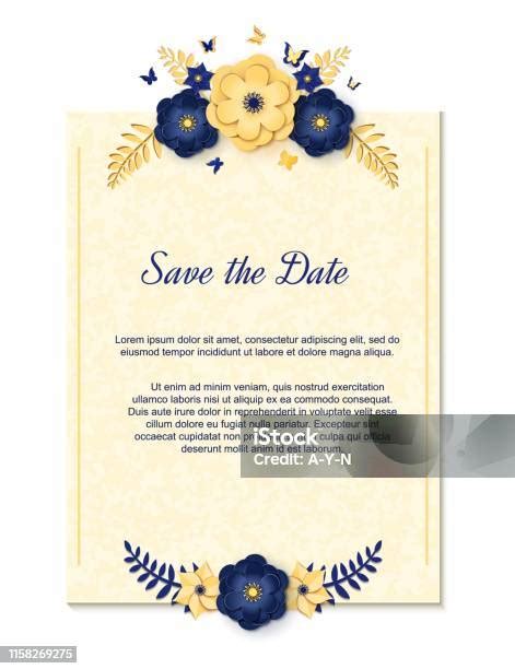 시트에 꽃 구성 종이 컷 디자인 파란색과 금색 색상의 종이 판타지 꽃 장식과 아름다운 배경 템플릿 인사말 전단지 날짜 카드를