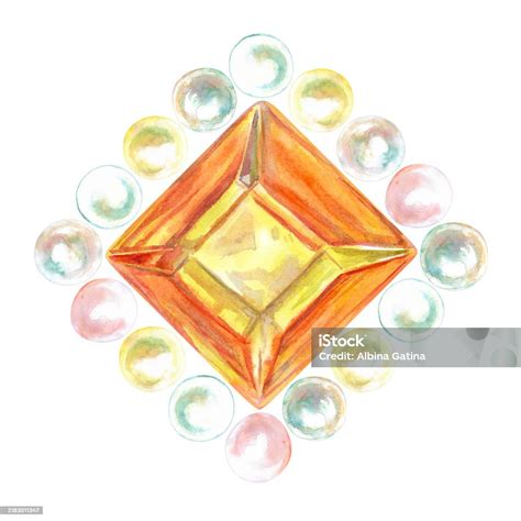 오렌지 크리스탈 4면 패싯 보석을 둘러싼 진주 구슬은 수채화로 손으로 그려졌습니다 마름모꼴로 묶인 귀중한 진주로 만든 목걸이용 브로치 다른 색상의 진주 바다 진주를 그린