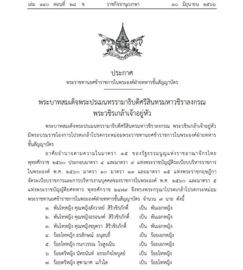 โปรดเกล้าฯ พระราชทานยศ 7 ทหารหญิง ขรก ในพระองค์ เป็นพันเอก ร้อยโท