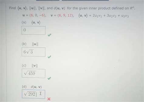 Solved Find U V U V And D U V For The Given Inner Chegg Com