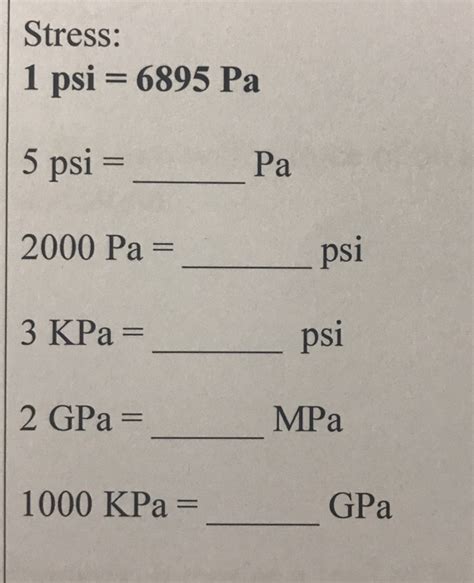 Solved Stress 1 Psi 6895 Pa 5 Psi 2000 Pa 3 Kpa 2 Gpa