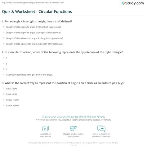 Quiz And Worksheet Circular Functions
