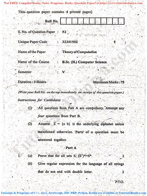 Theory Of Computation Question Paper 2018 Tutorialsduniya Pdf