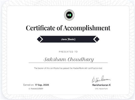 Excited To Share That I Have Successfully Earned My Java Basic Certificate From Hackerrank