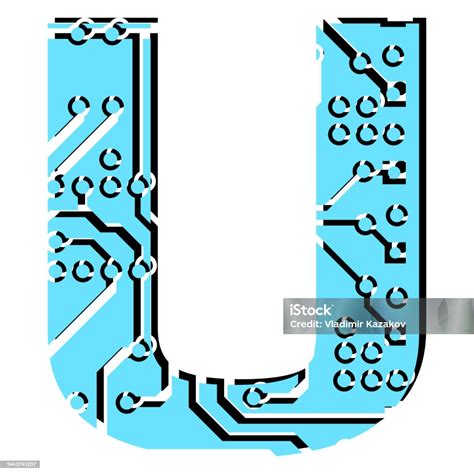 흰색으로 분리된 Pcb 회로 기판 트랙으로 천공된 라틴 디지털 문자 U 현대 디지털 세계의 헤드 라인에 대 한 컬러 대문자 첫 글자 디자인 요소 0명에 대한 스톡 벡터 아트