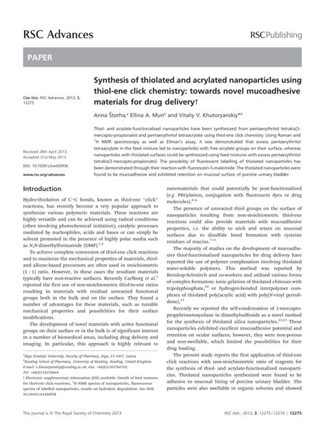 Pdf Synthesis Of Thiolated And Acrylated Nanoparticles Using Thiol