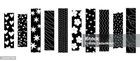 Washi 테이프 조각 흑백 장식 스카치 장식 요소 하트 파도 꽃 별 벡터 세트가 있는 격리된 접착제 테이프 스포츠 유니폼에