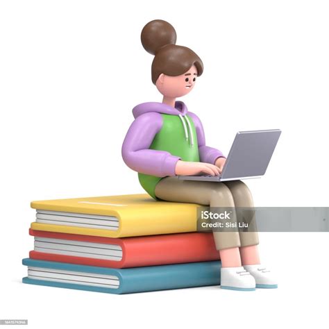 아시아 소녀 Renae의 3d 일러스트레이션은 큰 책에 앉아 있습니다 개념 모바일 응용 프로그램 및 책 흰색 배경에 3d