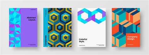 놀라운 모자이크 육각형 엽서 템플릿 구성 밝은 잡지 표지 벡터 디자인 개념 컬렉션입니다 0명에 대한 스톡 벡터 아트 및 기타