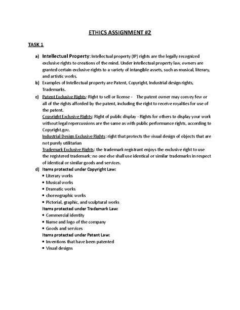 Ethics Assignment Ethics Assignment Task 1 A Intellectual Property