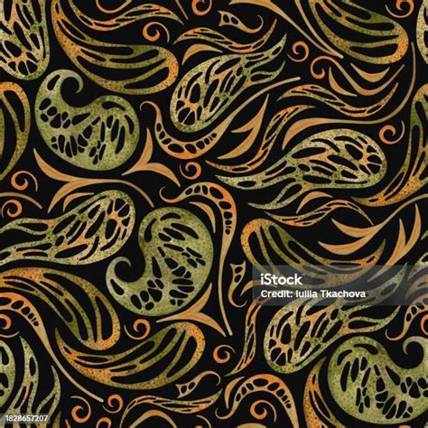 수채화로 그려진 가상의 식물 검은 배경에 잎과 줄기로 구성된 고립된 이음매 없는 패턴 0명에 대한 스톡 벡터 아트 및 기타