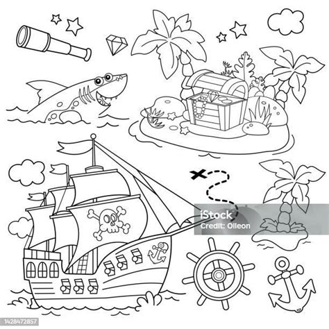 아이들을위한 해적 파티를위한 만화 세트 바다에 두개골이있는 해적선 보물 상자 자물쇠가있는 닫힌 금고 보물과 상어의 섬 아이들을위한 색칠 공부 책 0명에 대한 스톡 벡터 아트