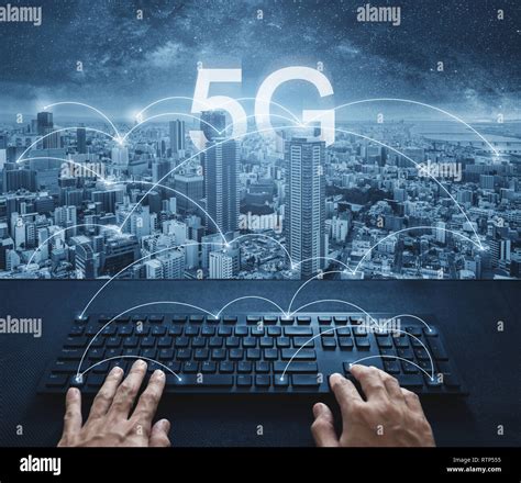 5g Internet Networking Technology Hand Typing On Computer Keyboard With City And 5g Internet