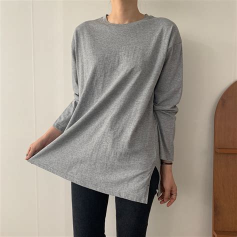 1266 봄 가을 오버핏 빅사이즈 레이어드 이너 박스 긴팔 옆트임 면 롱 티셔츠 흰색 검정 에이블리