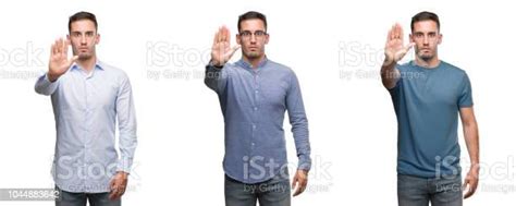 잘생긴 젊은 남자를 중지 하 고 다른 의상을 입고 노래 손바닥으로 얼굴에 부정적이 고 심각한 제스처와 경고 식입니다 T 셔츠에 대한 스톡 사진 및 기타 이미지 Istock
