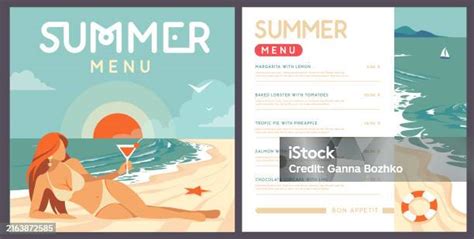 열대 해변 배경에 수영복을 입은 아름 다운 소녀와 함께 복고풍 평면 여름 메뉴 디자인 벡터 일러스트 레이 션 해변에 대한 스톡 벡터 아트 및 기타 이미지 Istock
