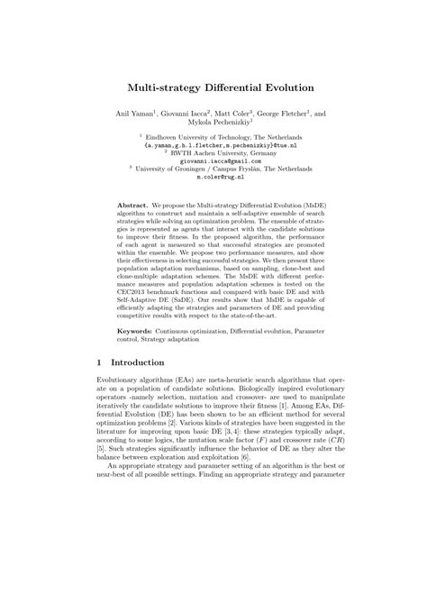 Pdf Multi Strategy Differential Evolution