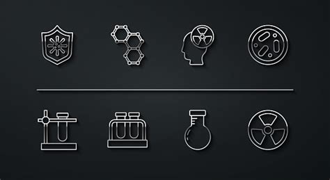 바이러스로부터 보호하는 라인 방패 스탠드에 있는 시험관 플라스크 박테리아가 있는 페트리 접시 화학식 방사성 및 머리 방사선 기호 아이콘을 설정합니다 벡터 건강 검진에 대한