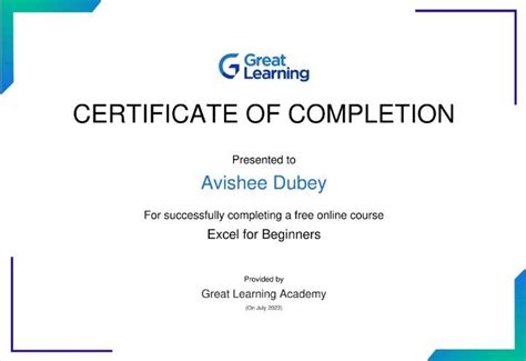 earned excel for beginners by great learning avishee dubey posted