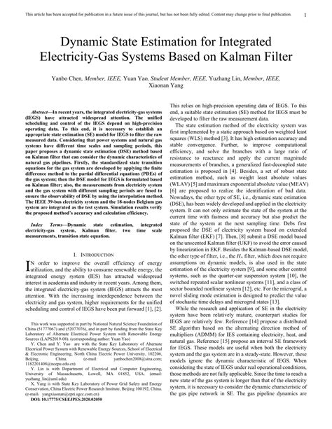 Pdf Dynamic State Estimation For Integrated Electricity Gas Systems Based On Kalman Filter