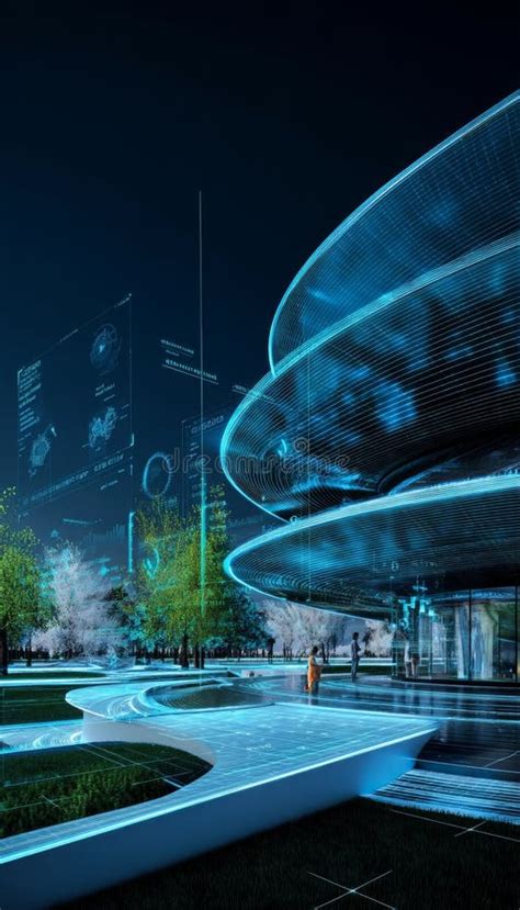 Futuristic Landscape Design Model Featuring Blue Rays And Realistic Data Visualizations Stock