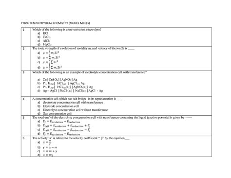 Tygs Phy Chemistry Multiple Choice Questions Tybsc Sem Vi Physical Chemistry Model Mcqs 1