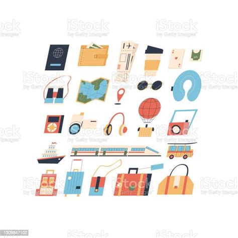 여행자를 위한 아이템 세트입니다 흰색 배경에 플랫 스타일 격리된 벡터 오브젝트 비행기에 대한 스톡 벡터 아트 및 기타 이미지 비행기 차 가정용 캠코더 Istock