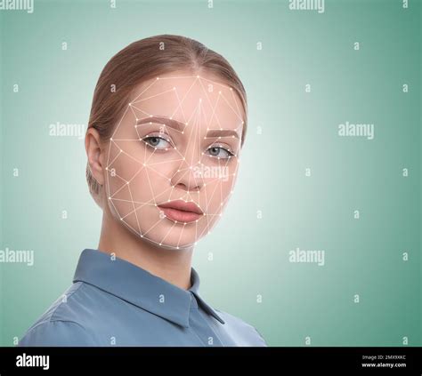 Facial Recognition System Young Woman With Biometric Identification