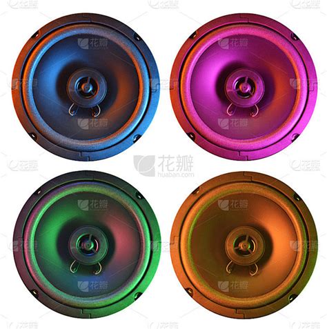 设置扬声器。动态不同的颜色和模式，孤立的白色背景。