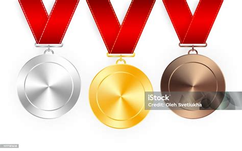 빨간색 리본이 달린 금 은 동메달 세트 흰색 배경에 격리 메달 라운드 빈 광택 벡터 컬렉션입니다 프리미엄 배지 Championship에 대한 스톡 벡터 아트 및 기타 이미지