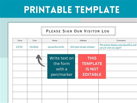 Printable Visitor Log Visitor Sign In Sheet Visitor Logbook Visitor