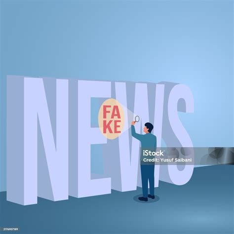 남자가 뉴스라는 단어를 크게 확대하여 사용하면 가짜 뉴스 사기 불법 보도 잘못된 정보에 대한 일러스트레이션 인 가짜라는 단어가 나타납니다 가상현실에 대한 스톡 벡터 아트 및