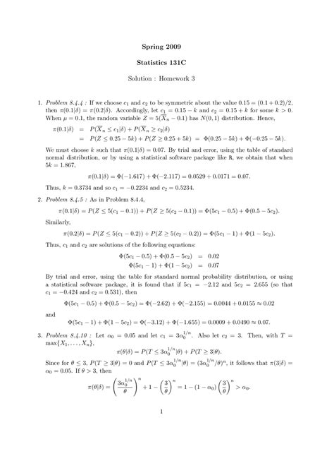 Resolution For Homework 3 Mathematical Statistics Spring 2009 Sta 131c Docsity
