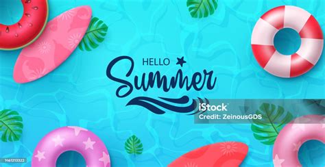 여름 벡터 배경 디자인입니다 해변 요소가 있는 수영장 물에서 여름 텍스트 안녕하세요 여름아 안녕에 대한 스톡 벡터 아트 및 기타 이미지 여름아 안녕 수영장 스포츠