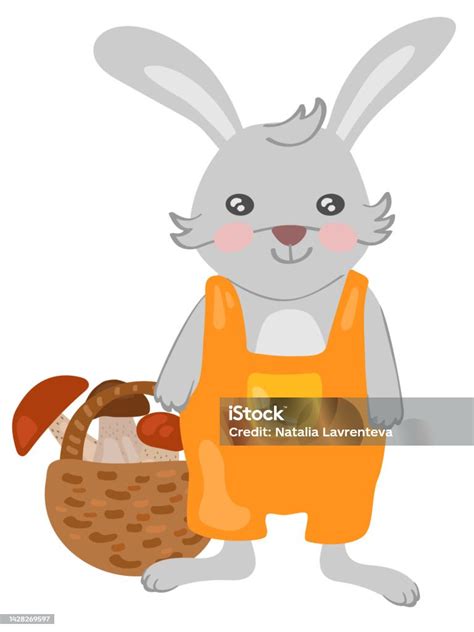오렌지색 점프 슈트의 회색 토끼는 버섯 바구니를 가지고 있습니다 손으로 그린 벡터 일러스트레이션 웹 사이트 스티커 엽서에 적합합니다 가을에 대한 스톡 벡터 아트 및 기타