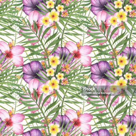 완벽 한 패턴 열대 식물 야자수 히비스커스 Plumeria 꽃은 흰색 배경에 고립되어 있습니다 수채화 손으로 그린 식물