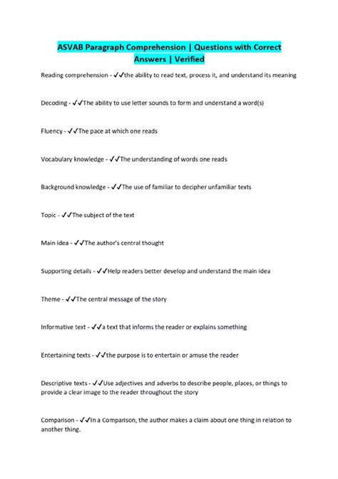 Asvab Paragraph Comprehension Questions With Correct Answers Verified Asvab Stuvia Us