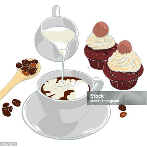 커피와 초콜릿 컵 케이크 한 잔에 우유를 붓는 손으로 그린 일러스트레이션 0명에 대한 스톡 벡터 아트 및 기타 이미지 0명 귀여운 드로잉 Istock