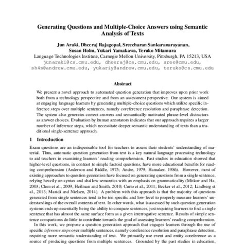 Generating Questions And Multiple Choice Answers Using Semantic Analysis Of Texts Acl Anthology