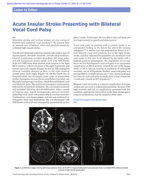 Pdf Acute Insular Stroke Presenting With Bilateral Vocal Cord Palsy