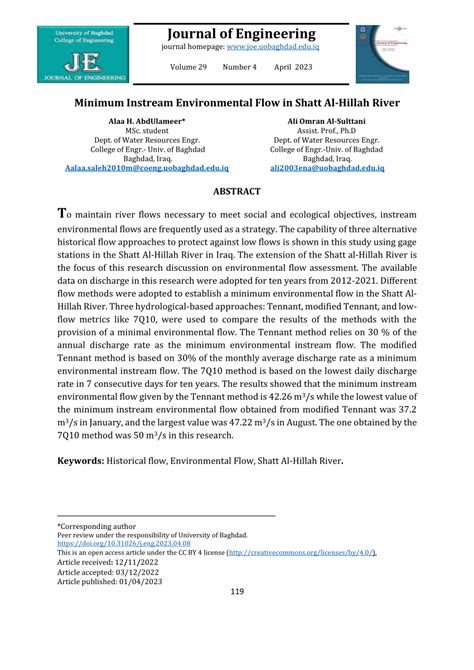Pdf Minimum Instream Environmental Flow In Shatt Al Hillah River