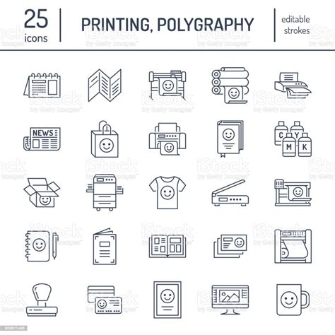 집 플랫 라인 아이콘을 인쇄합니다 프린터 스캐너 오프셋된 기계 플로터 브로셔 도장이 게 장비를 인쇄 합니다 다 원 기록 법