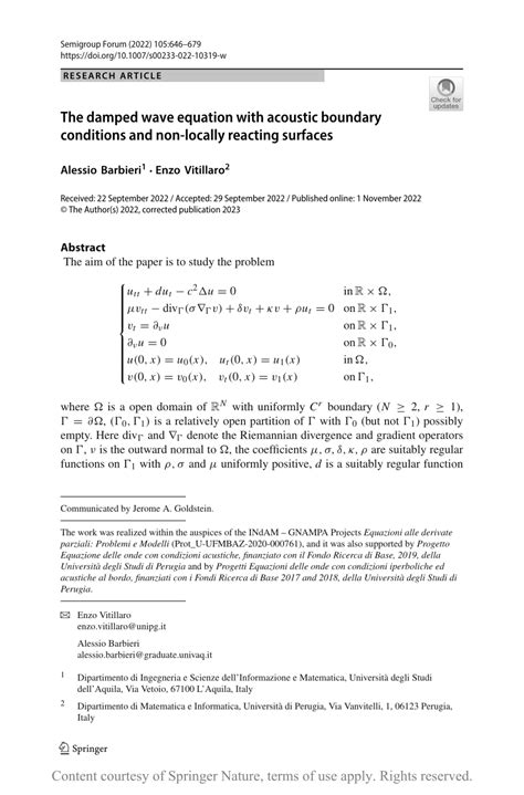 Pdf The Damped Wave Equation With Acoustic Boundary Conditions And Non Locally Reacting Surfaces