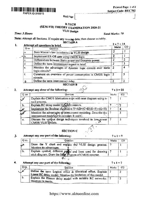 Btech Ec 7 Sem Vlsi Design Eec703 2021 Pdf