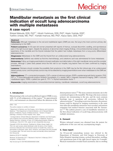 Pdf Mandibular Metastasis As The First Clinical Indication Of Occult Lung Adenocarcinoma With