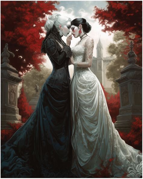 Fantasy Lesbian Art Print Femme Kissing Brides Japandi Wall Art Lesbian Art Print Digital