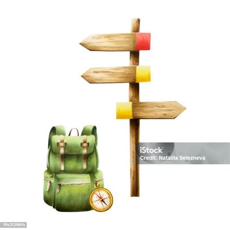 수채화 나무 간판 삽화 와 하이킹 및 야영 배낭과 나침반 흰색 배경에 고립된 화살표가 있는 방향 표시기입니다 디자이너 여행 사업 엽서 스크랩북 표지 초대장 포스터 및