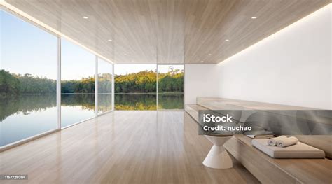 3d 렌더링 3d 렌더링 목재 휴식 공간과 호수 전망 배경에 사이드 테이블현대 고급 거실의 관점 사우나 룸의 대기 공간 사우나에 대한 스톡 사진 및 기타 이미지 Istock