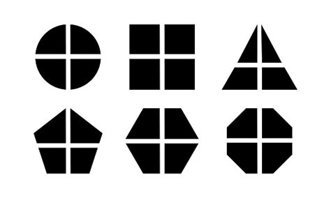 기하학적 모양은 4개의 분수로 나뉩니다 원형 정사각형 및 삼각형 오각형 육각형 및 팔각형 Hapes는 4 개의 동일한 부분으로 자릅니다 간단한 다이어그램 비즈니스 차트 벡터