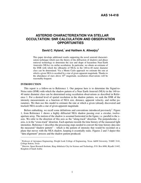 Pdf Asteroid Characterization Via Stellar Occultation Snr Calculation And Observation